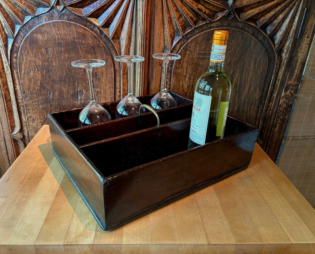 Antique Divided Wood Caddy Tote With Brass Handle and Dove Tail Corners ...