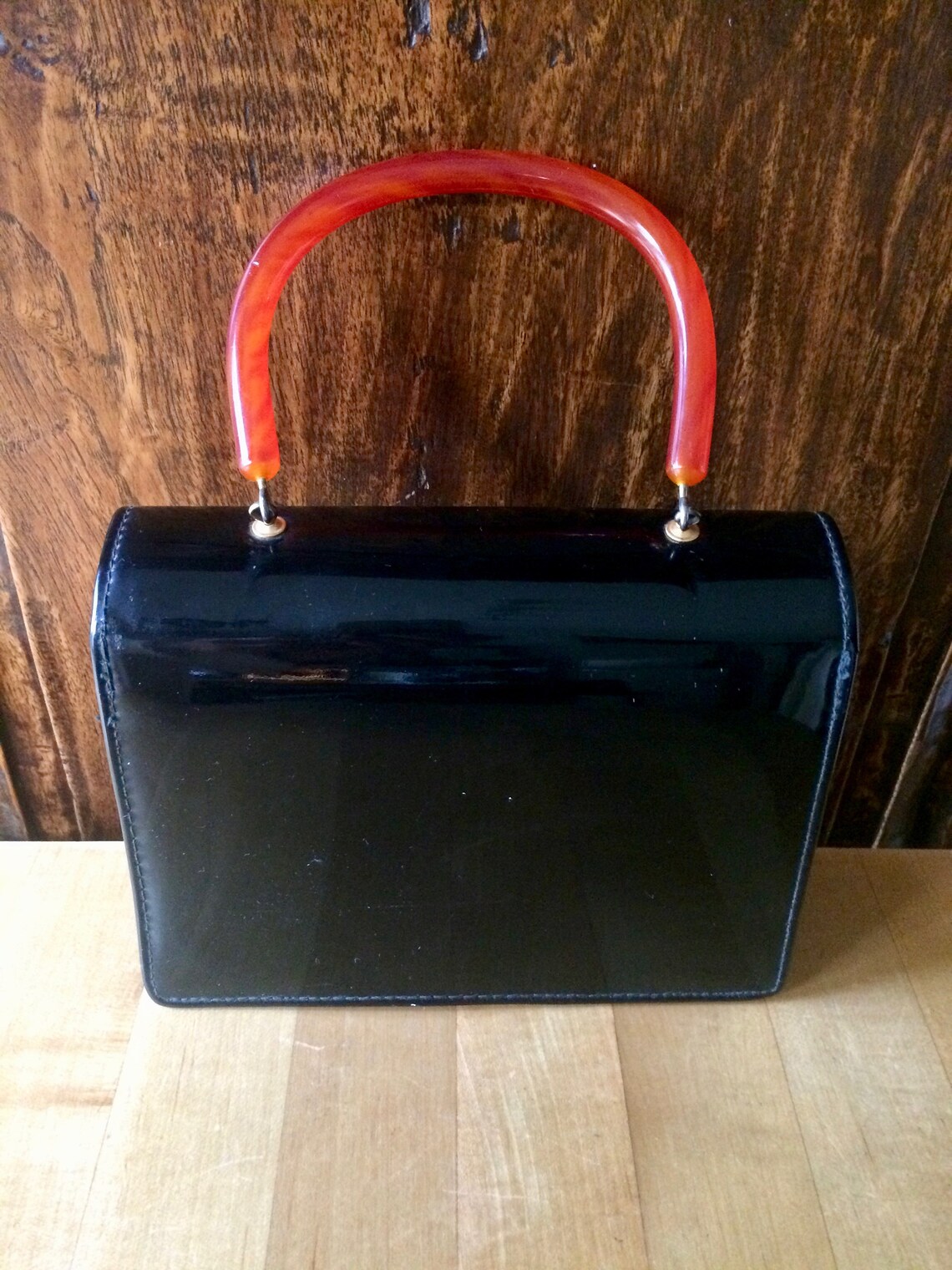 Black Patent Leather Handbag With Copper Colored Lucite Handle - Etsy