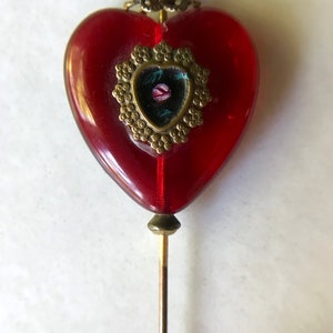 Antique Hat Pin With Red Glass Heart, Decorative Brass and Black Bead ...