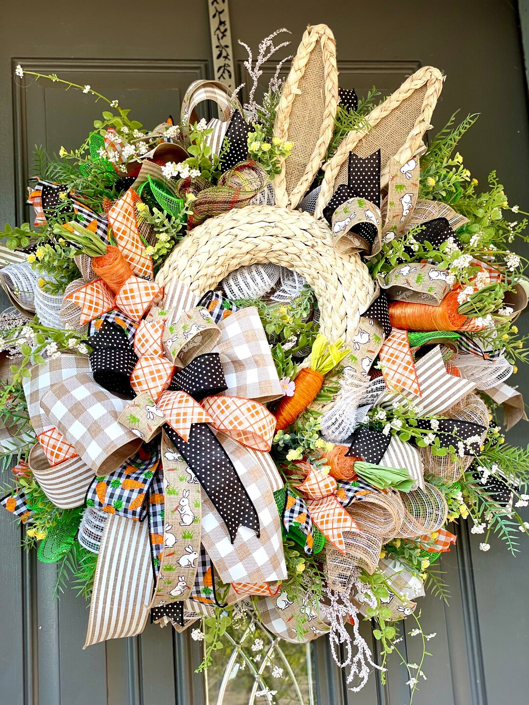 Rattan Bunny Wreath, XL Easter Bunny Front Door Wreath, Easter Floral ...