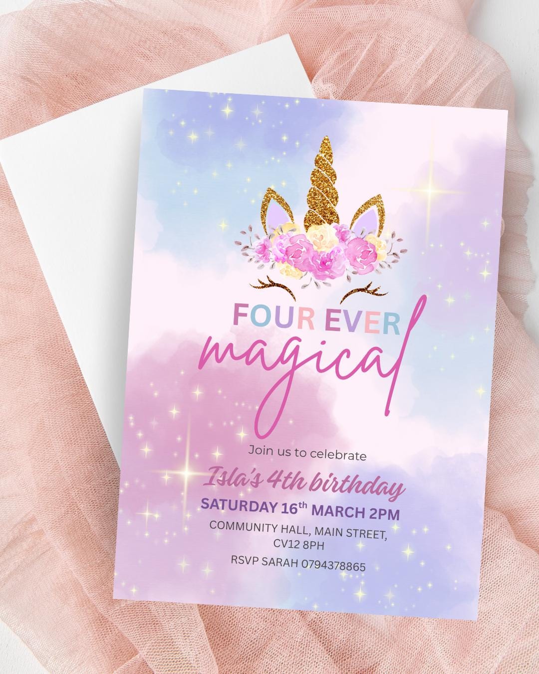 Four Ever Magical Unicorn Birthday Invitation | Unicorn Birthday Party ...