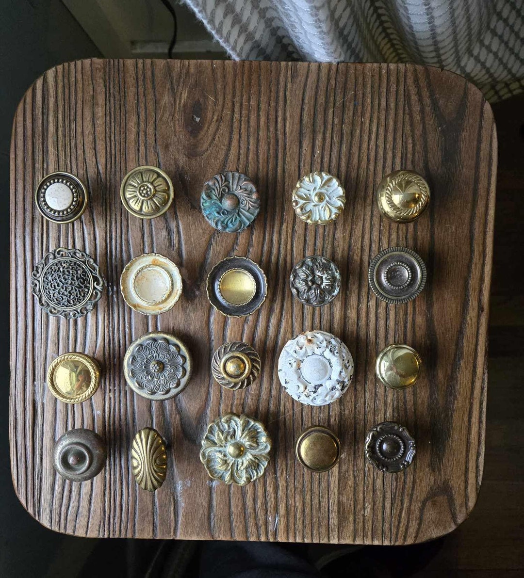 PICK 1 Vintage Old Brass Knob, Small Round Drawer Pull, Patina Tarnished Metal, Turquoise Blue ...