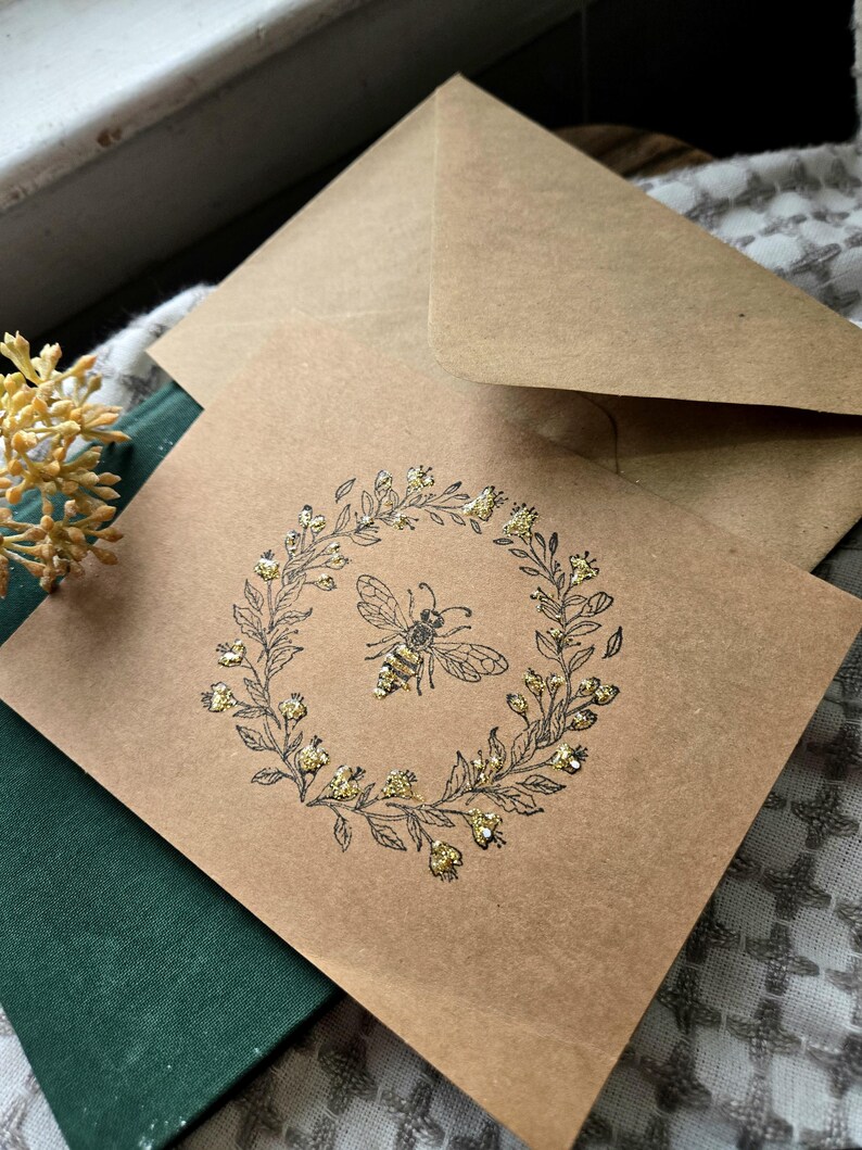 Pack of 5 Cards With Stamped Bee Design, Kraft Note Card - Blank Inside ...