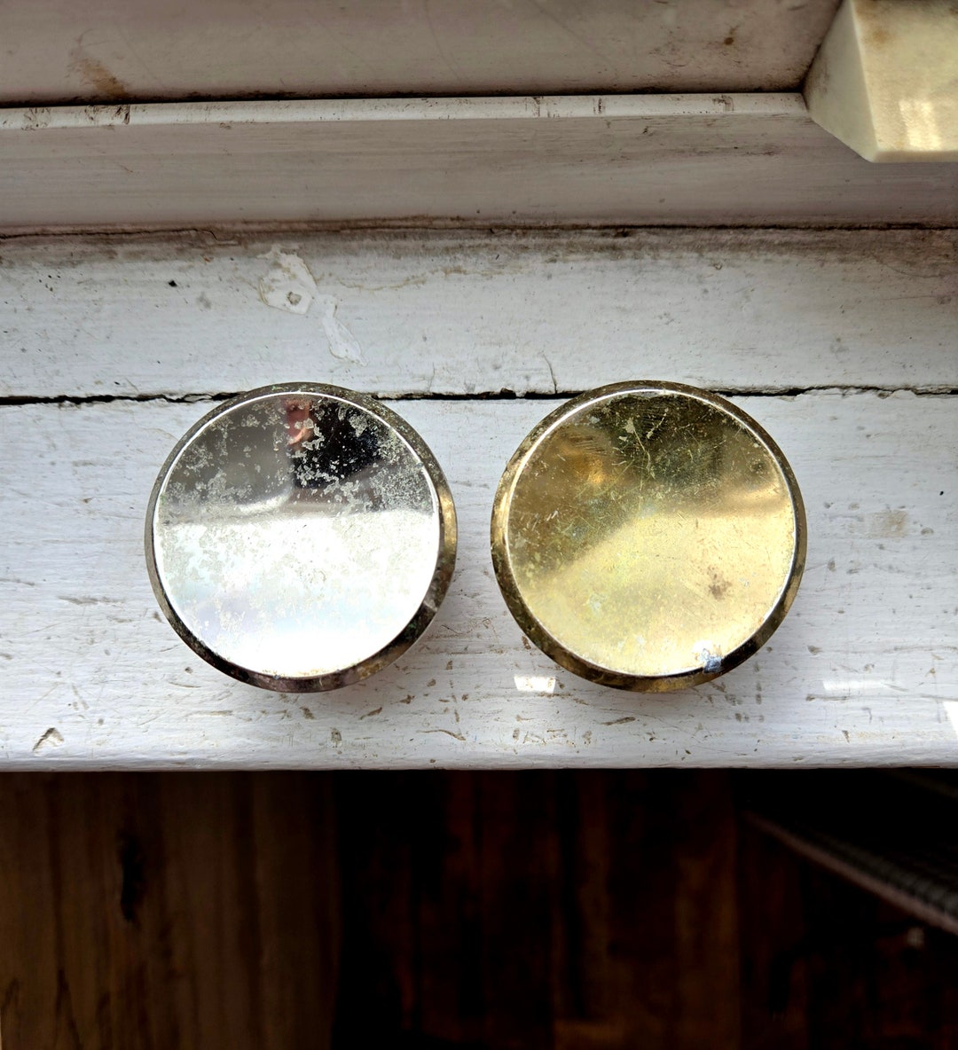 1 Vintage Large Round Brass Knob, Distressed, Silver & Gold Metal #554 ...