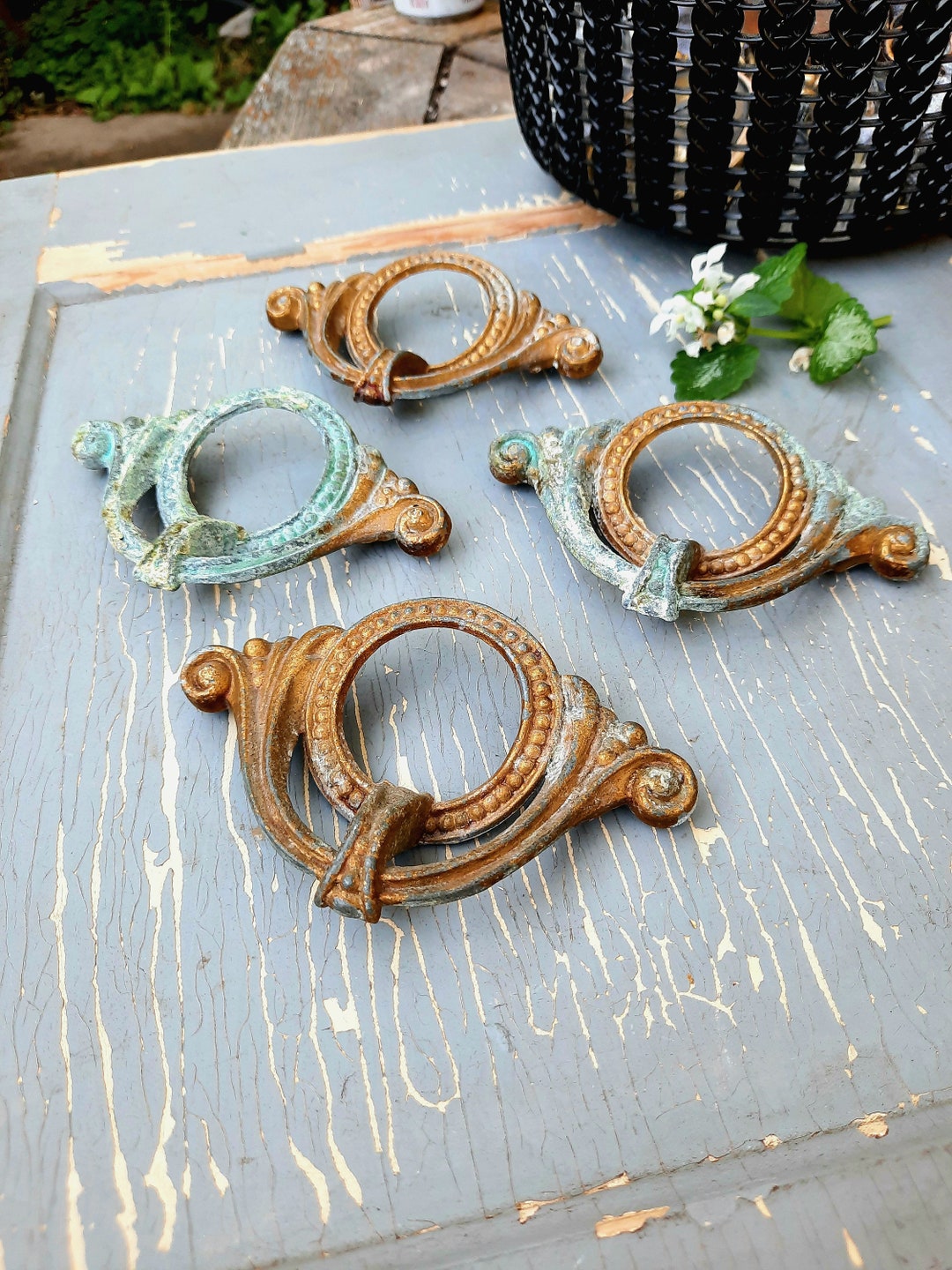 Original Art Deco Round Drawer Pull, Waterfall Dresser, Tarnished Gold Brass Turquoise Aqua Blue ...