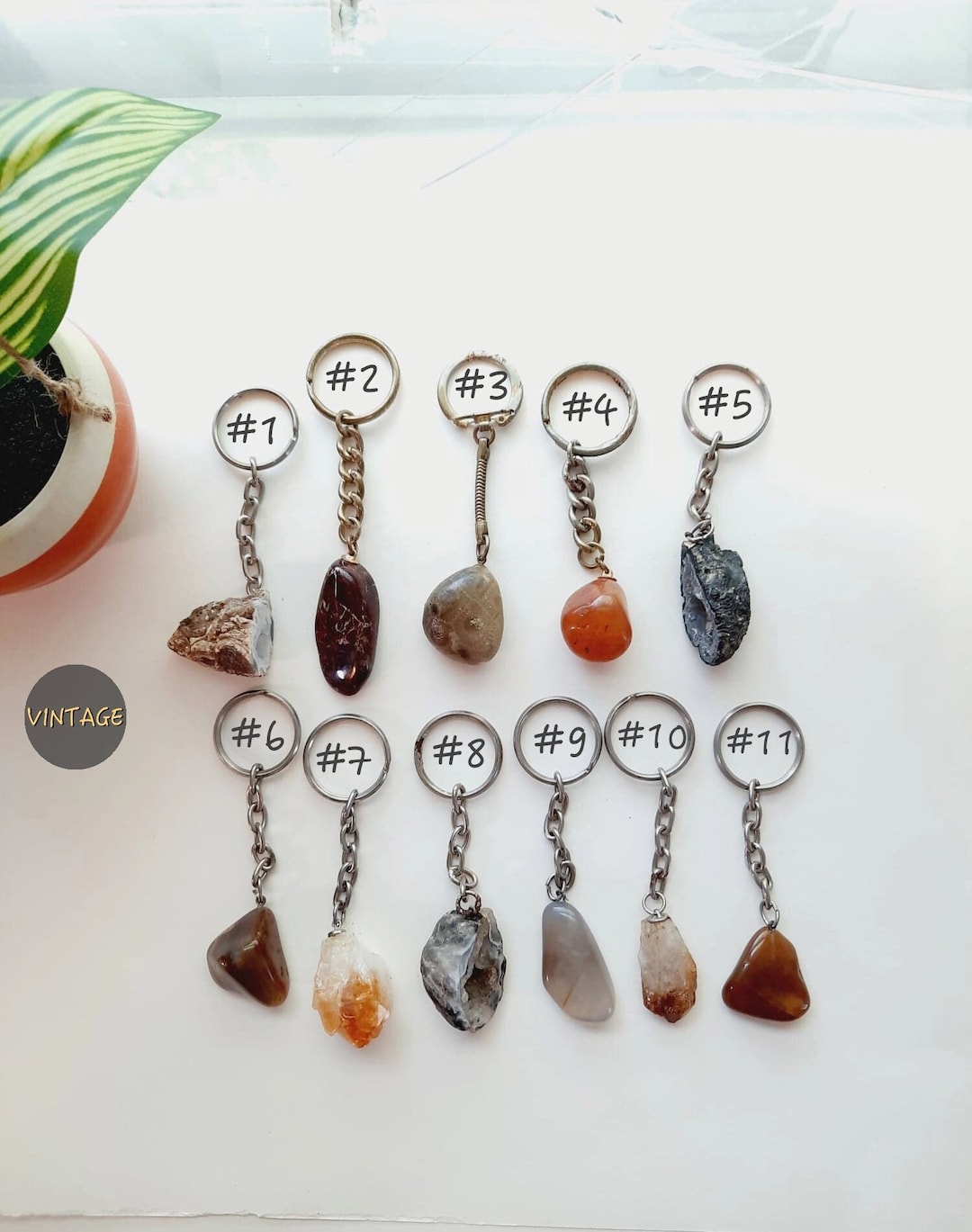 1 Vintage Keychain With Real Stone Rock Key Chain - Agate Geode Crystal ...