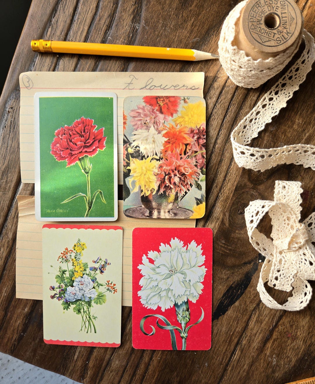 4 Vintage Small Flower Print Cards Deck Playing, Floral Ephemera ...