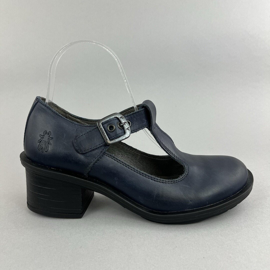 Fly London Cady T-bar Mary Jane Navy Leather Block Heeled Boho Sandals ...