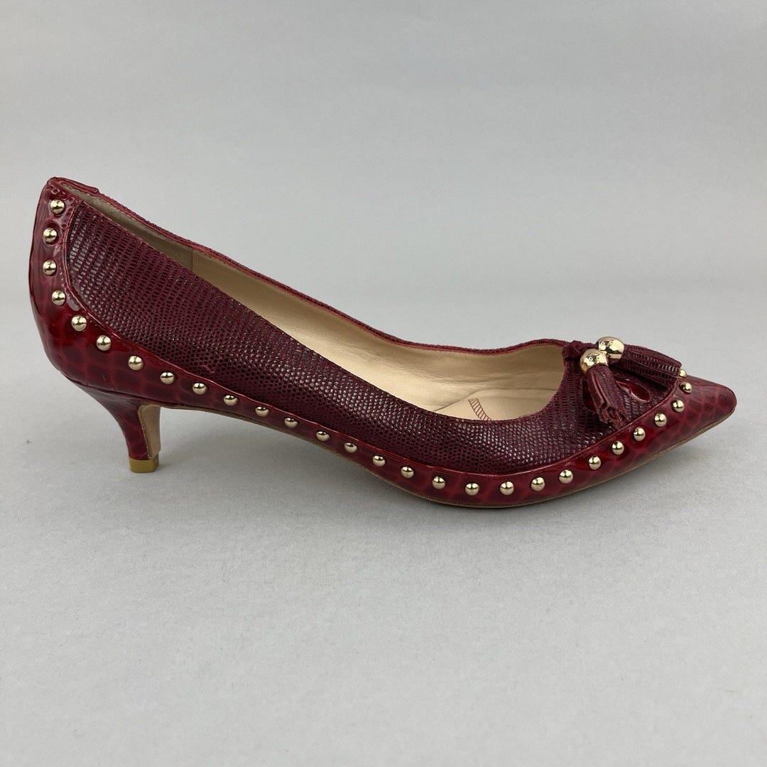 Lucy Choi London Red Leather Slip on Fringe Pointed Court Studs Shoes ...