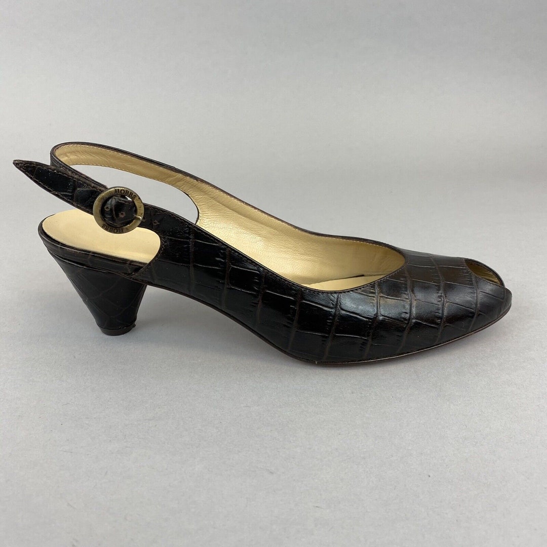 Hobbs Brown Croc Leather Slingback Mid Heels Sandals Open Toes Shoes ...