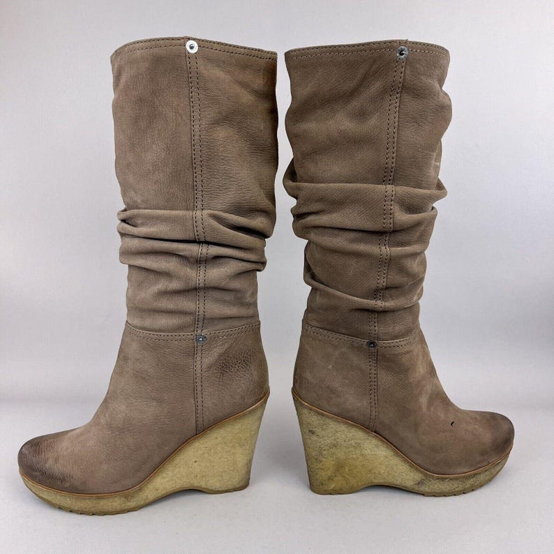 Prada Brown Nubuck Leather Knee High Pull on Slouch Wedge Heels Boots ...