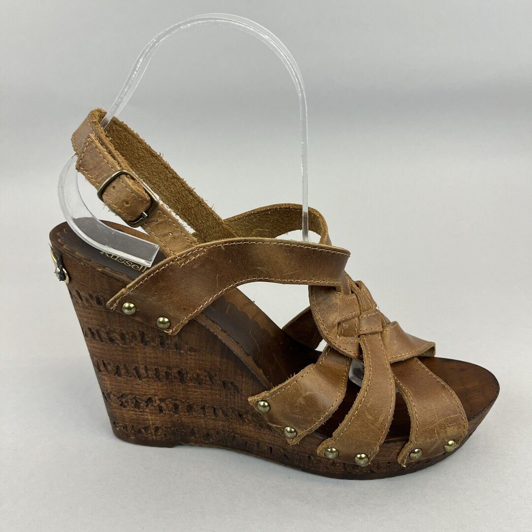 Russell Bromley Brown Leather Slingback Wooden Clogs Wedge Summer ...