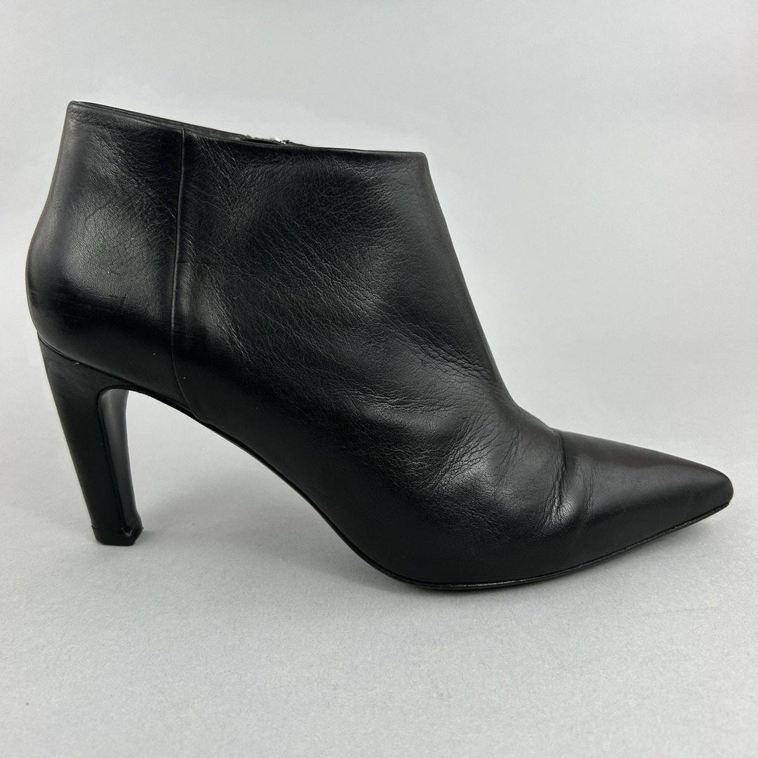 Cos Black Leather Ankle Zip up Curved Heels Pointed Bootie Dress Boots ...