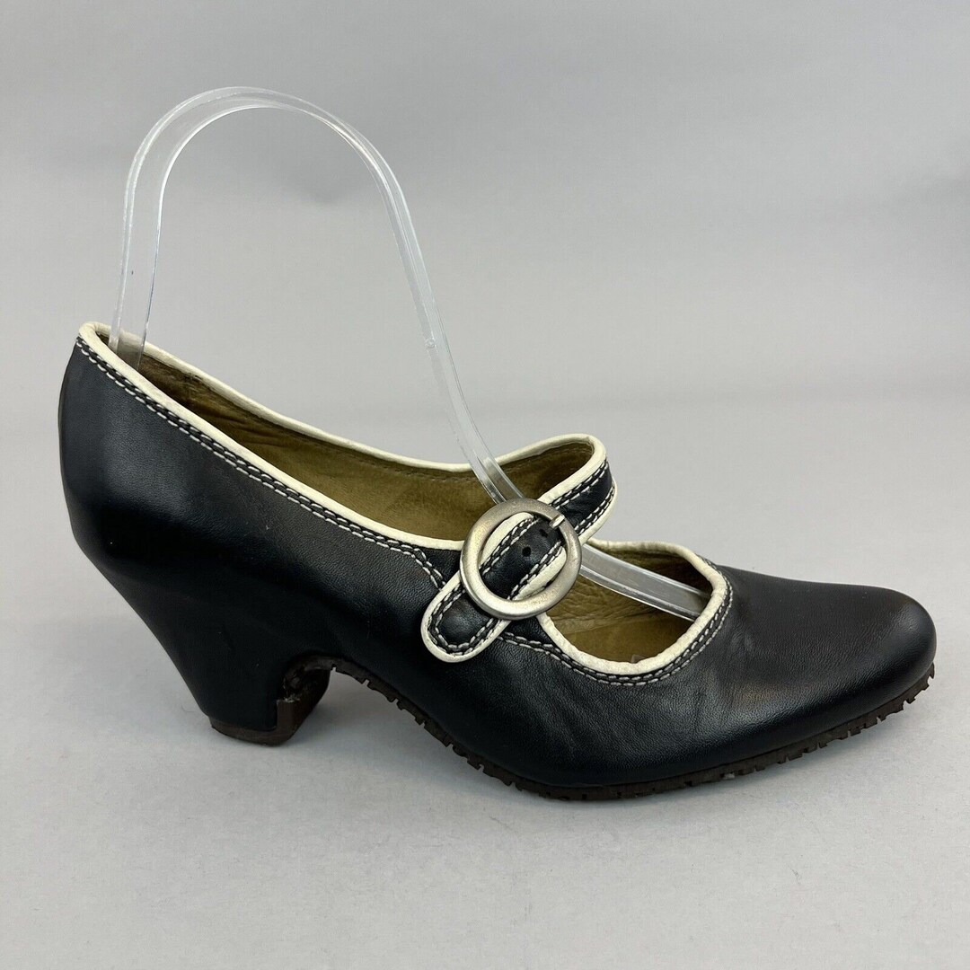 Fly London Black Leather Slip on Mary Jane Heeled Court Sandals Shoes ...