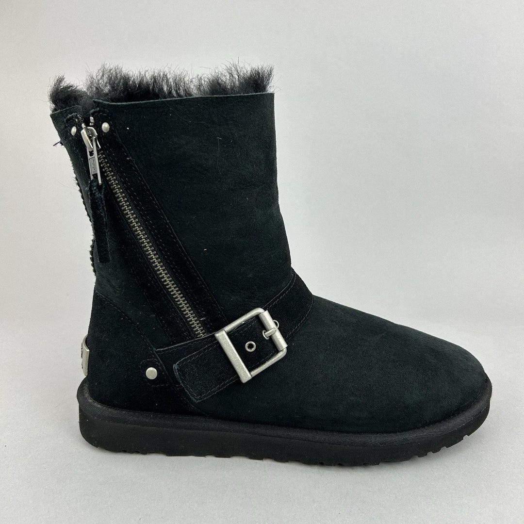 Ugg Blaise Black Suede Ankle Bootie Sheepskin Biker Rider Winter Boots ...
