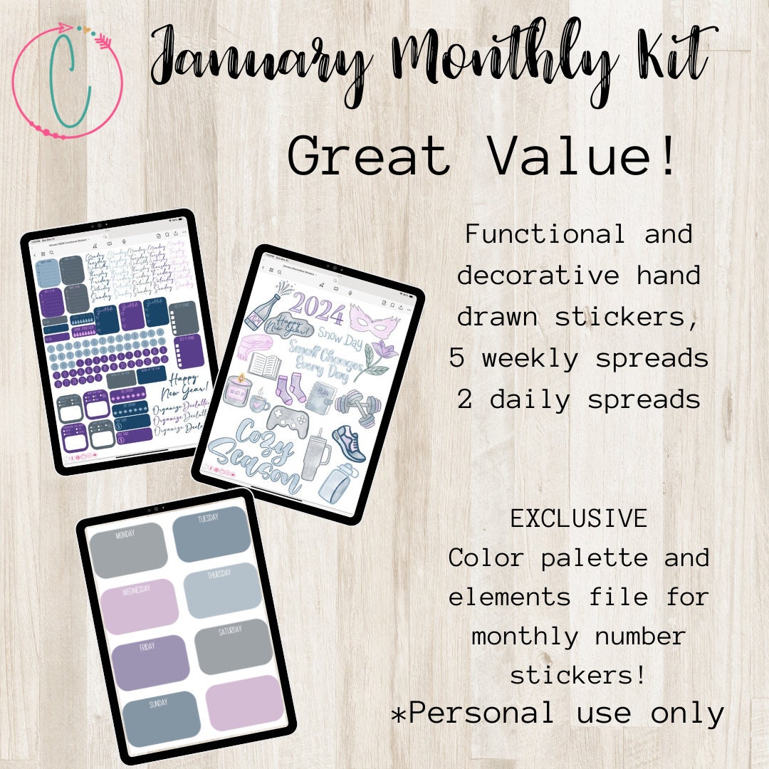 January Digital Planning Monthly Kit, Stickers, Weekly Inserts, Daily ...