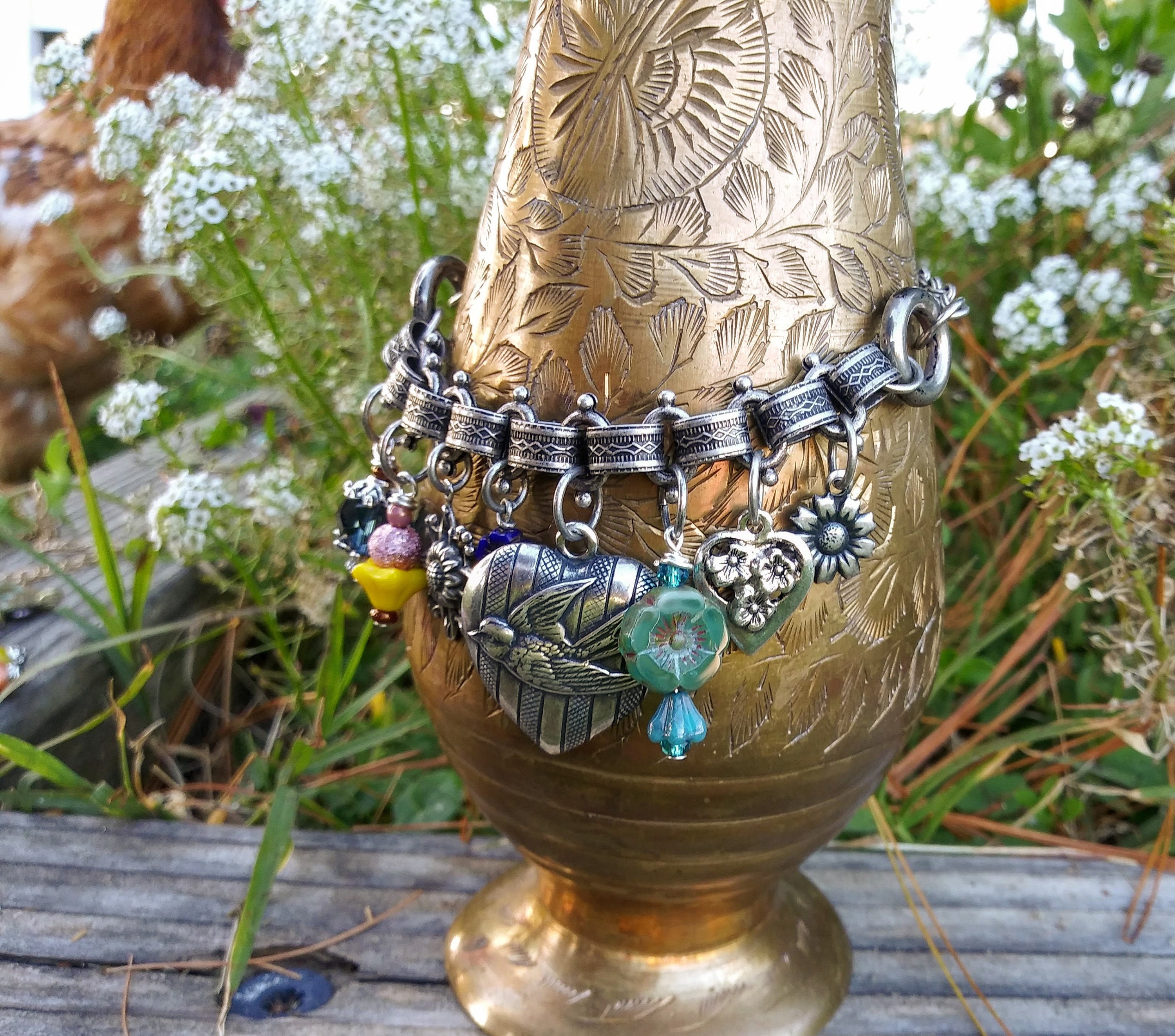 Victorian Inspired Book Chain Heart and Flower Charm Bracelet, Silver ...