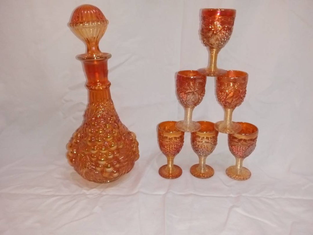 Imperial Marigold Carnival Glass Grape Decanter and Goblets 8 Piece ...