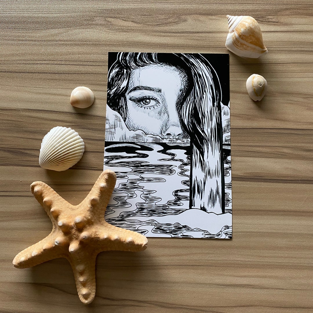 MINI PRINT - Waterfall - 4"x6" Art Print, Pen and Ink Inktober Drawing ...