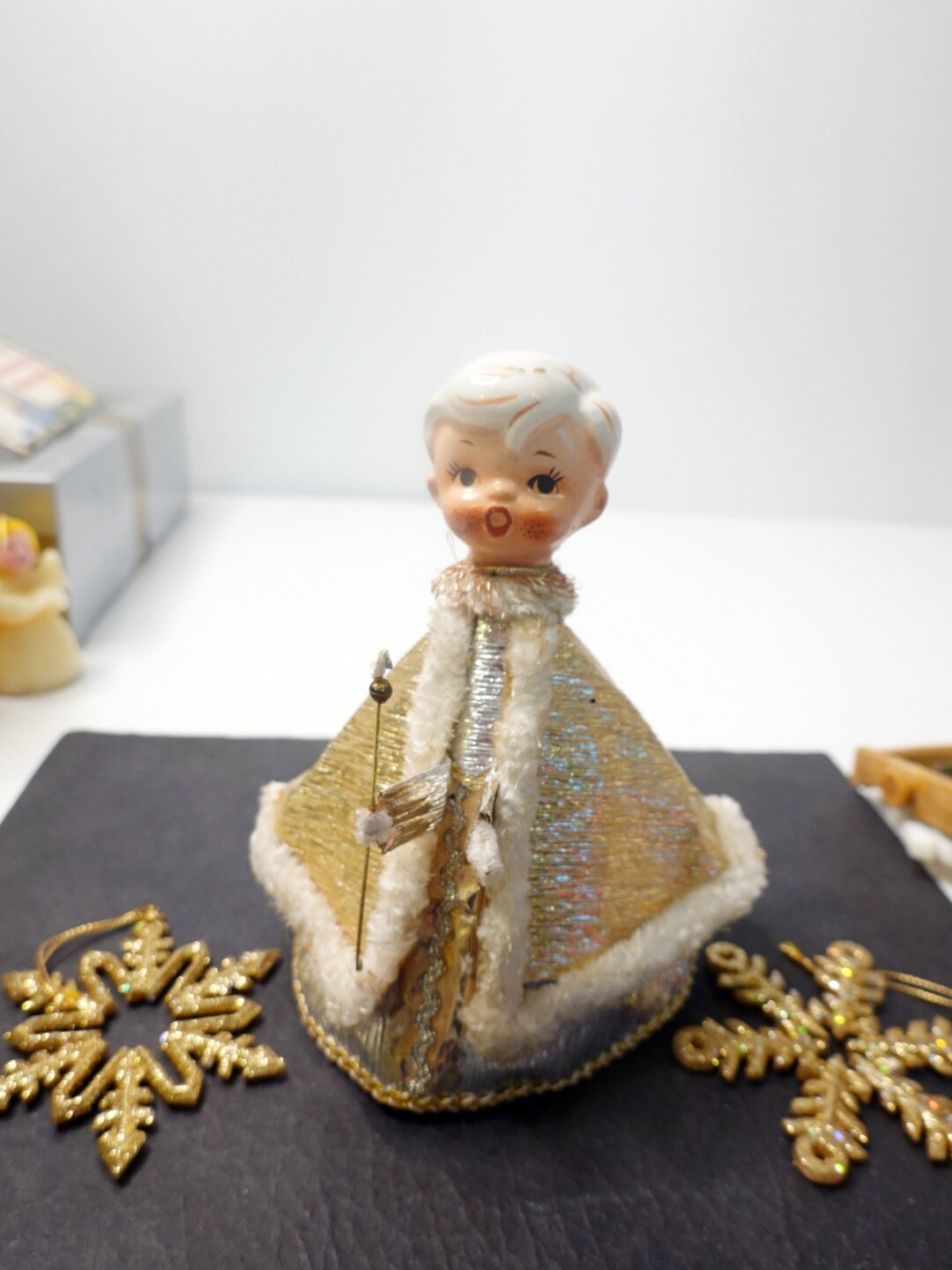 Vintage MCM 1960s Ceramic Angel Head Tree Topper & 2 Gold Glitter ...