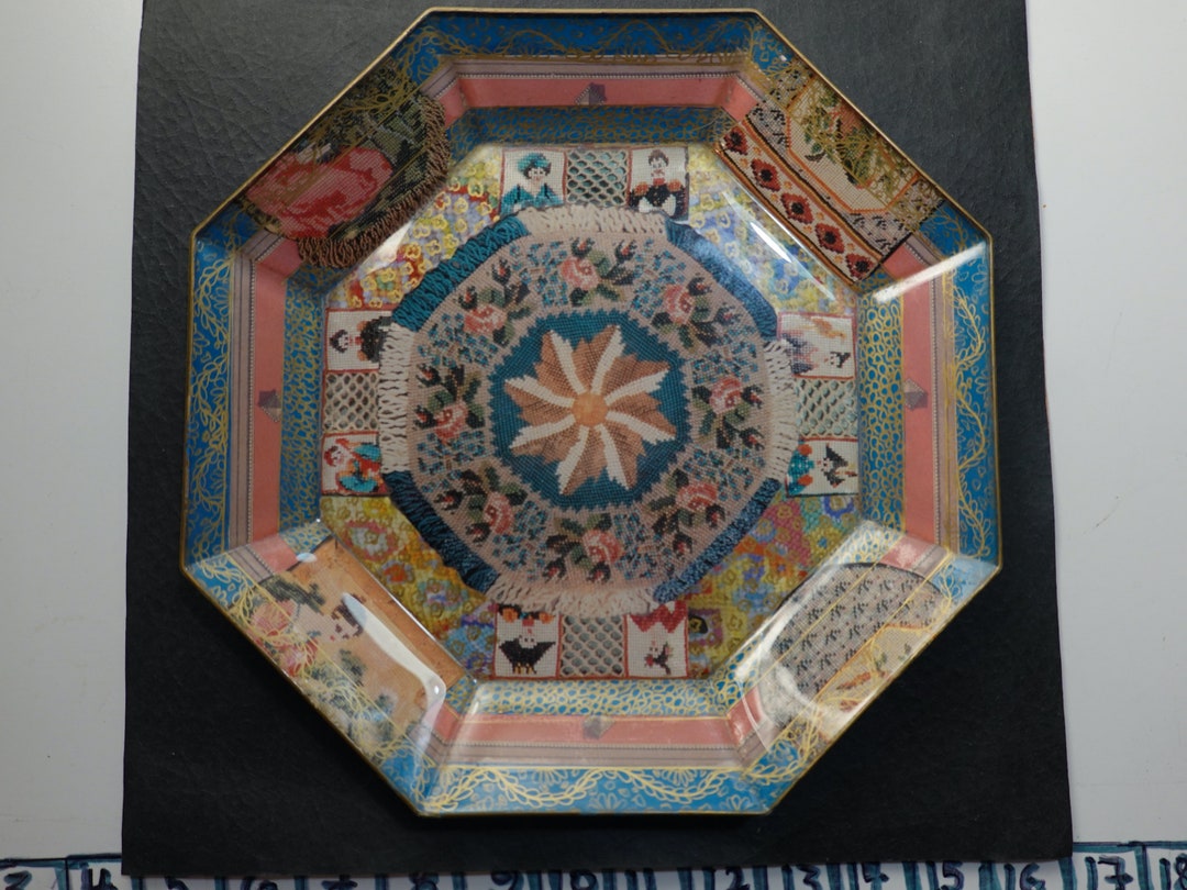 Octagonal Art Glass Plate Pink & Blue Hand Painted: Signed Jered Holmes ...