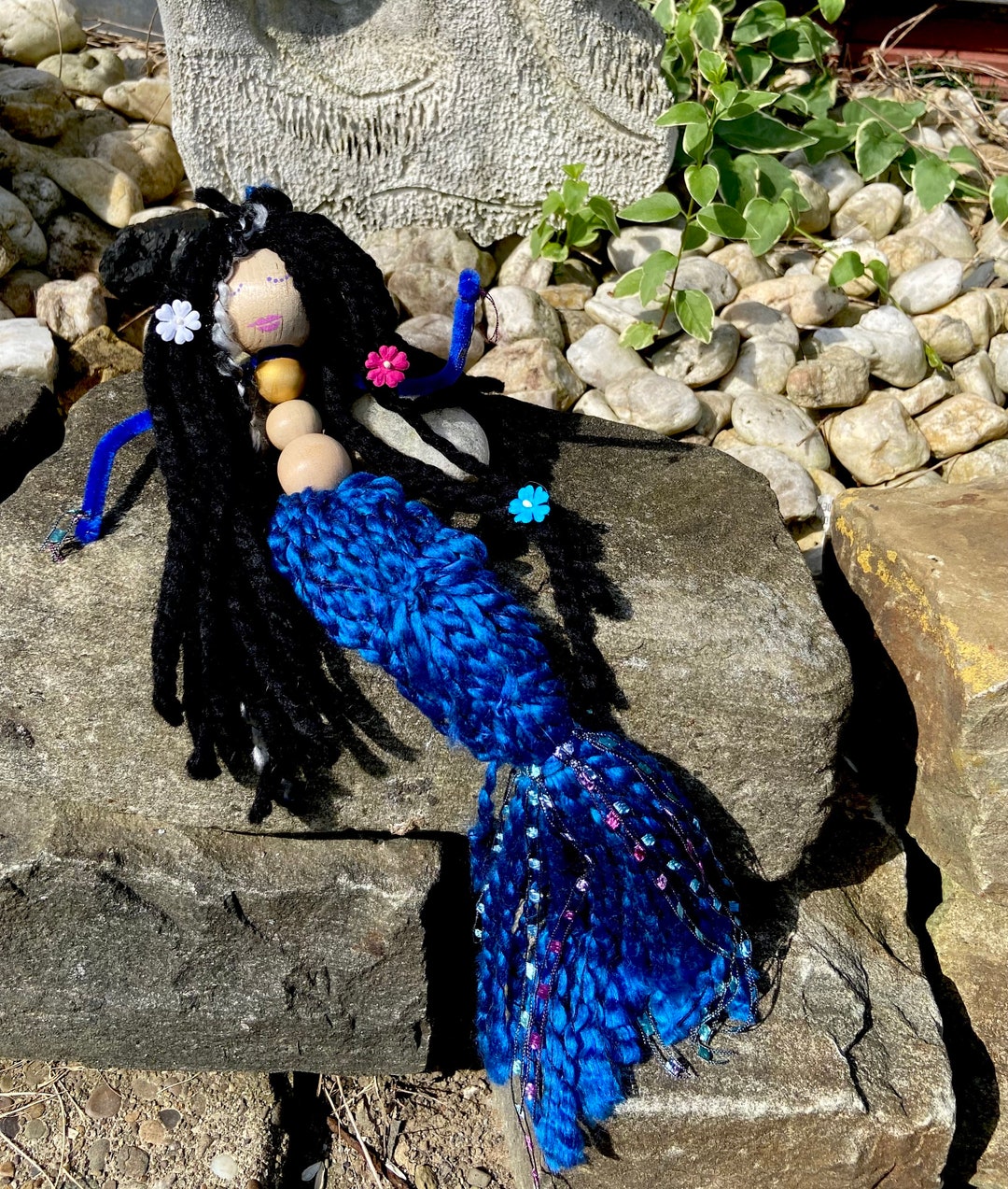 Blue and Raven Haired Mermaid Doll, Yarn Mermaid Doll, Yarn Doll - Etsy