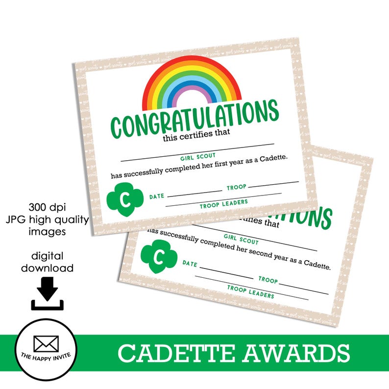 Cadette End of Year Award Certificate Digital Instant Download Template ...