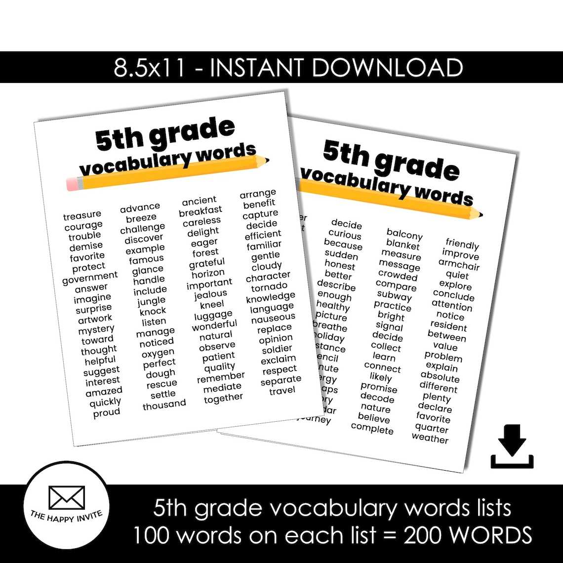 Vocabulary Words List Printable 5th Grade Instant Download Homeschool ...