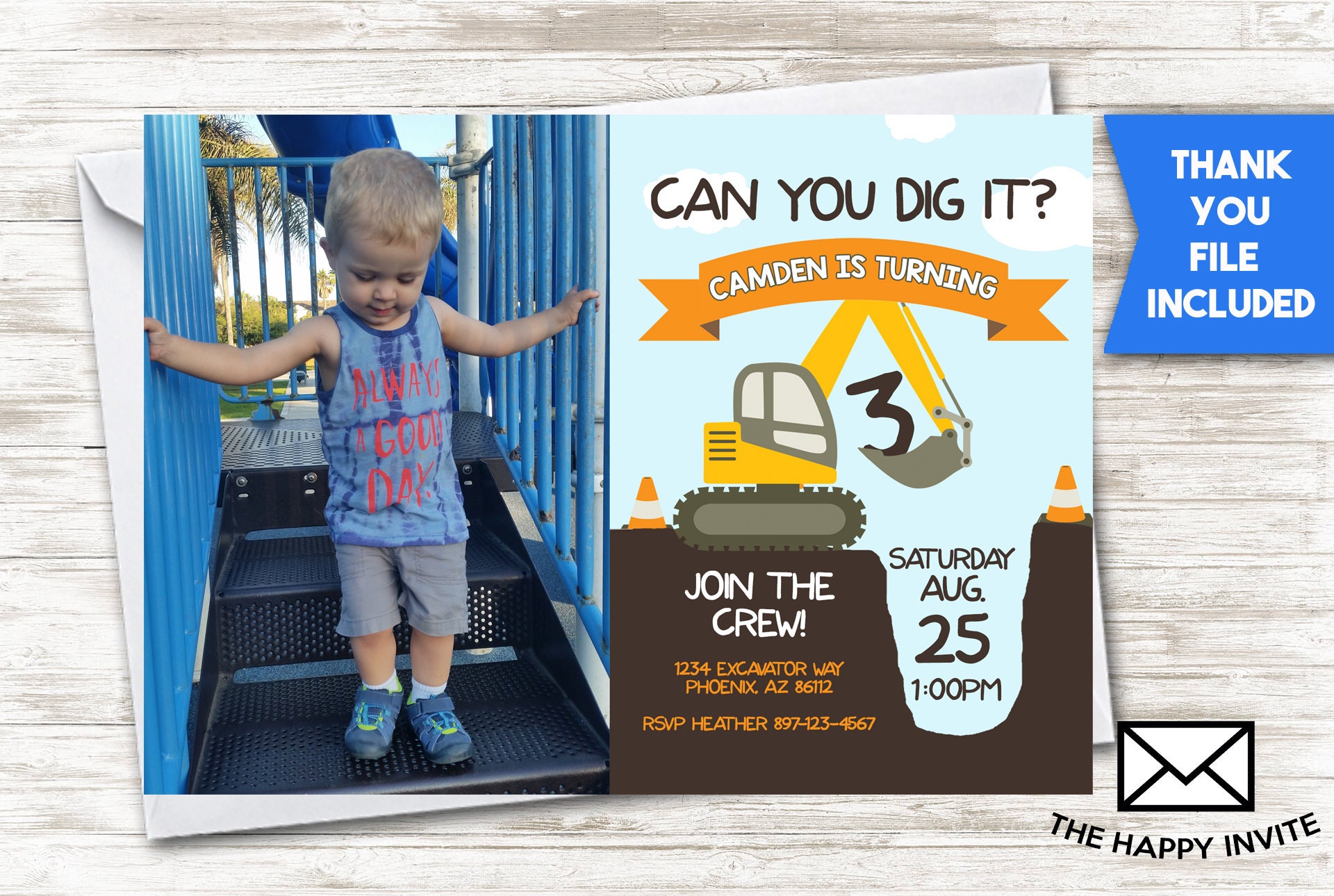 Construction Birthday Photo Invitation Boy's Digger 5x7 Digital Can You ...