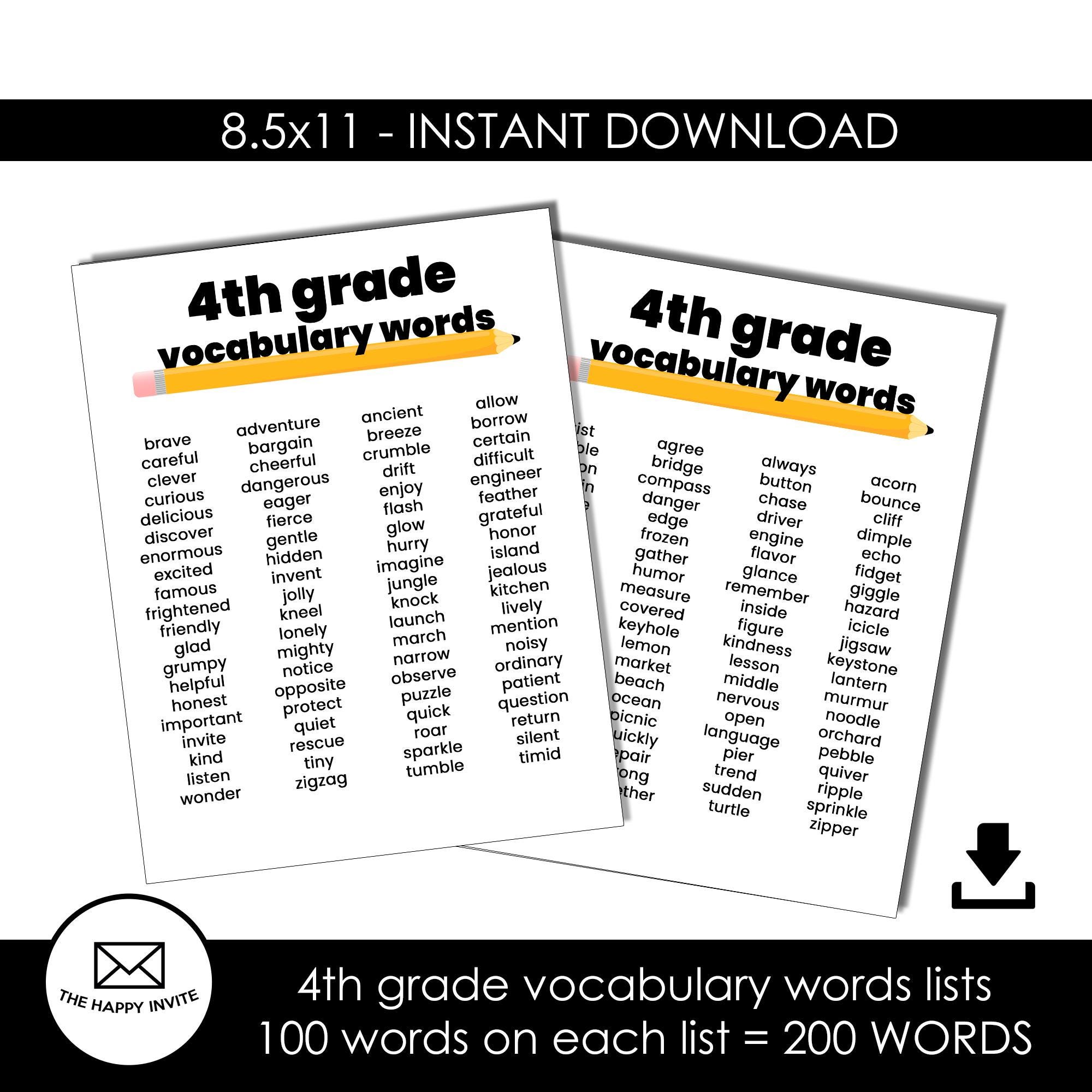 Vocabulary Words List 4th Grade Instant Download Printable Digital ...