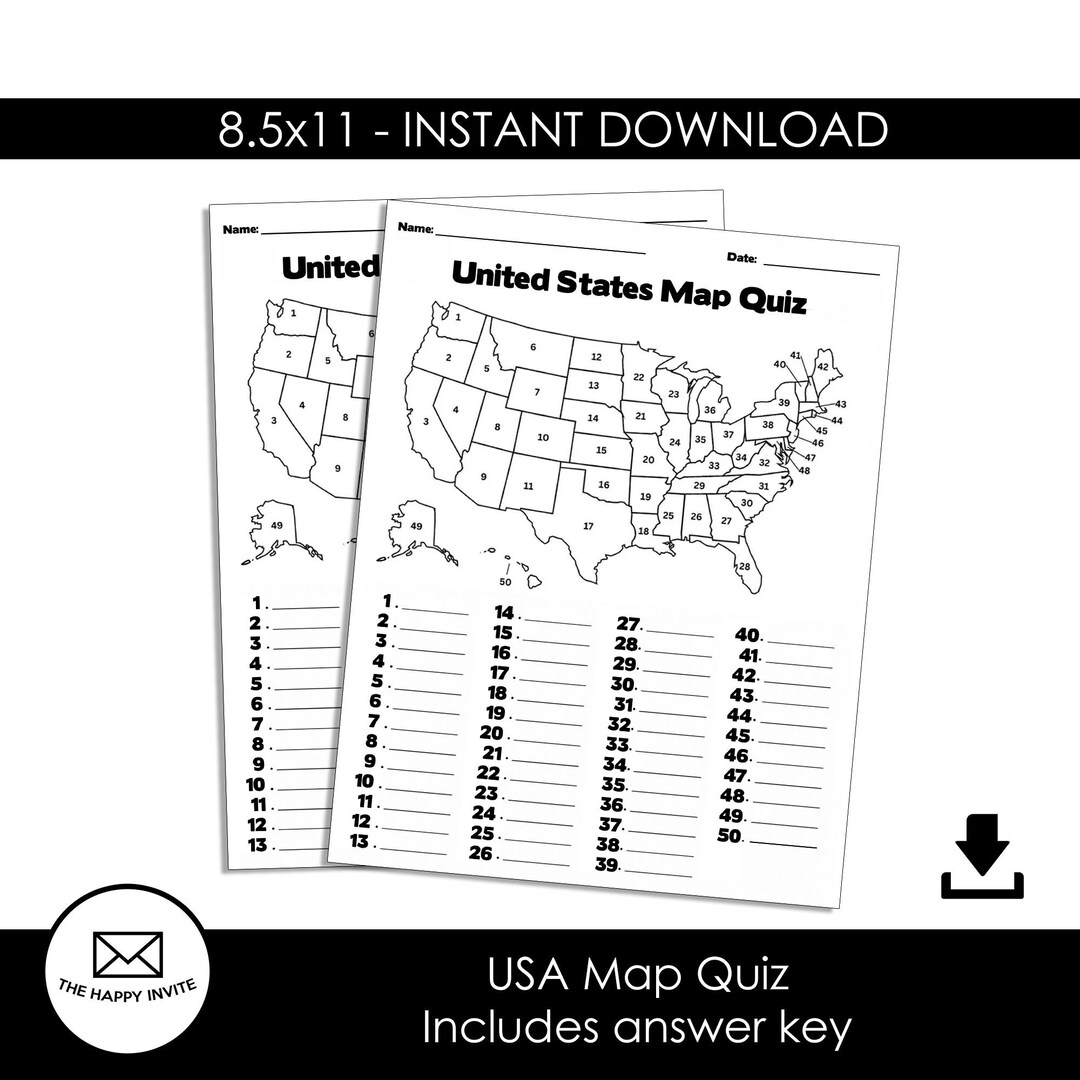 United States Map Quiz Printable Digital 8.5x11 Instant Download ...