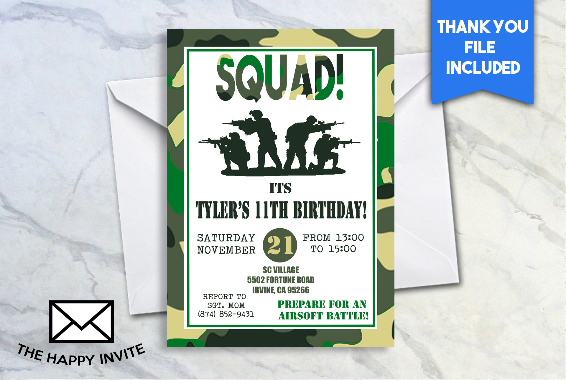 Boy's Military Birthday Invite 5x7 Digital Personalized Squad ...