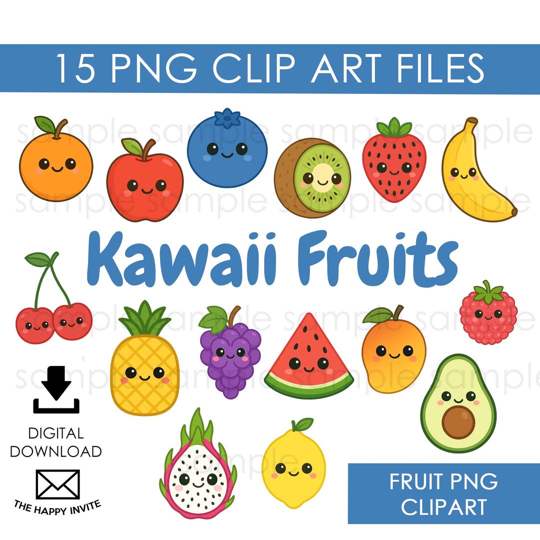 Kawaii Fruit Clipart PNG Digital Download Images Clip Art Graphics ...