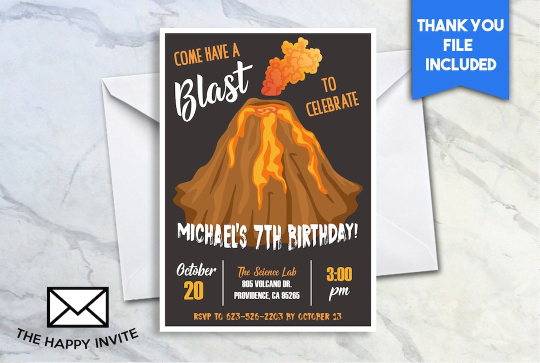 Volcano Birthday Invite Invites 5x7 Personalized Digital Have A Blast ...