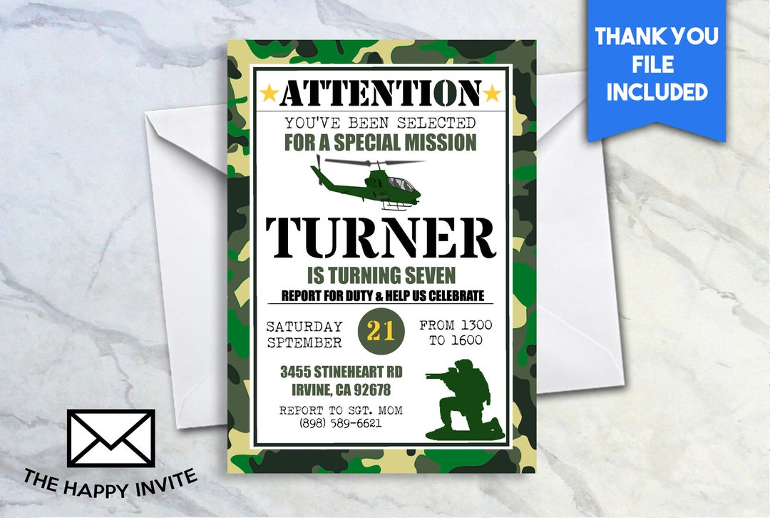Army Birthday Invite Invitation 5x7 Digital Personalized Military Boy's ...