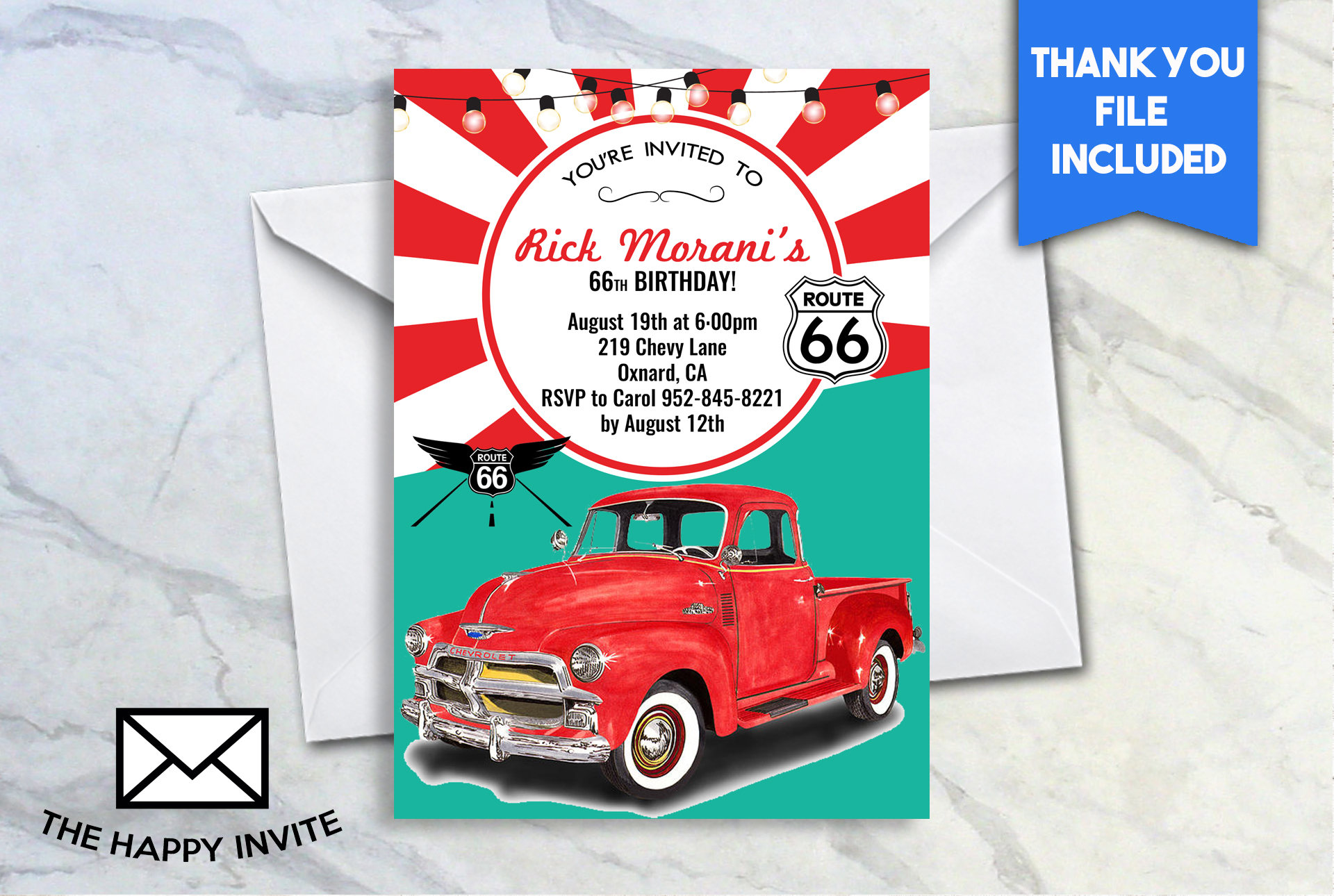 Route 66 Birthday Invite Invitation 5x7 Digital Personalized Red ...