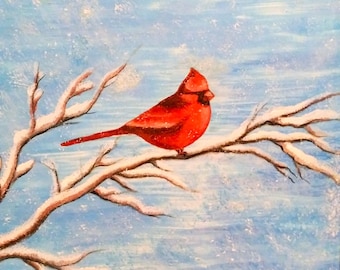 Winter Visitor Original 6x6 Acrylic Painting of a Red Cardinal in a ...