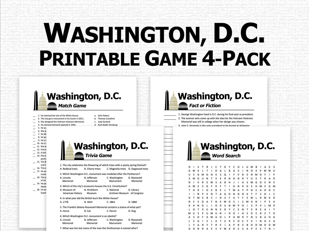 Washington D.C. Vacation Printable Party Game Trivia Quiz Fact or ...
