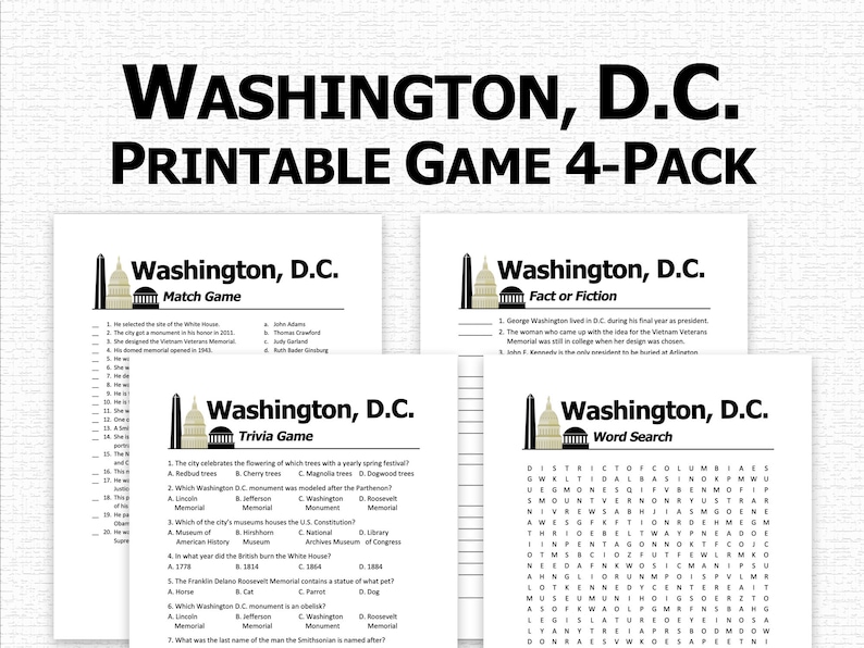 Washington D.C. Vacation Printable Party Game Trivia Quiz Fact or ...