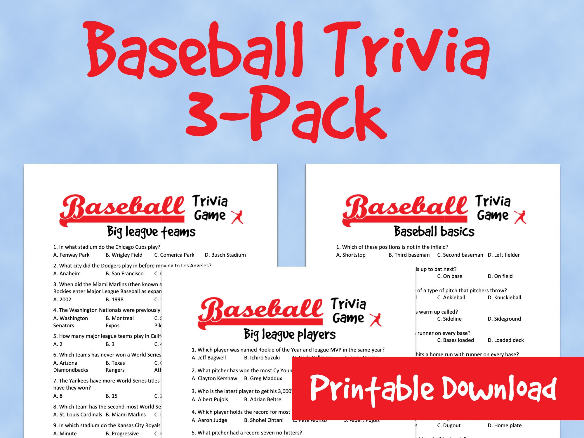 Baseball Trivia Game Bundle Printable PDF Kids Party Game Activity - Etsy