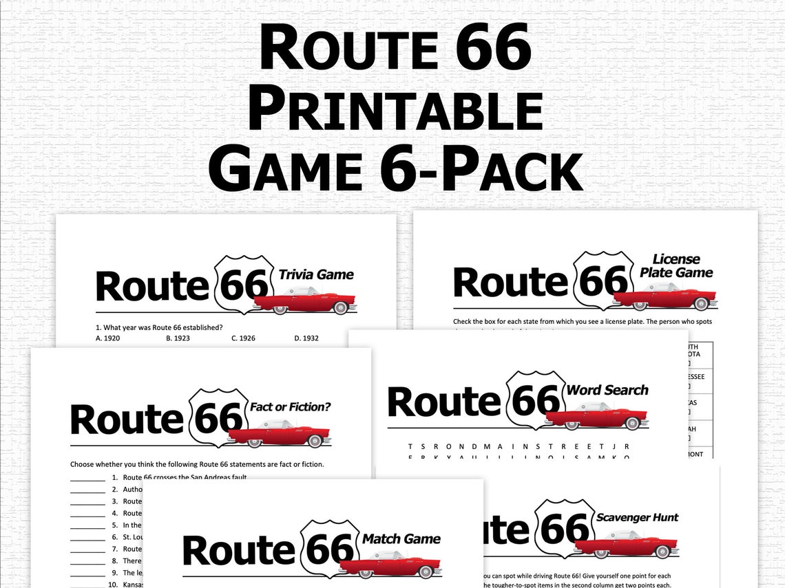 Route 66 Road Trip Game Printable Bundle Vacation Trivia Quiz Word ...