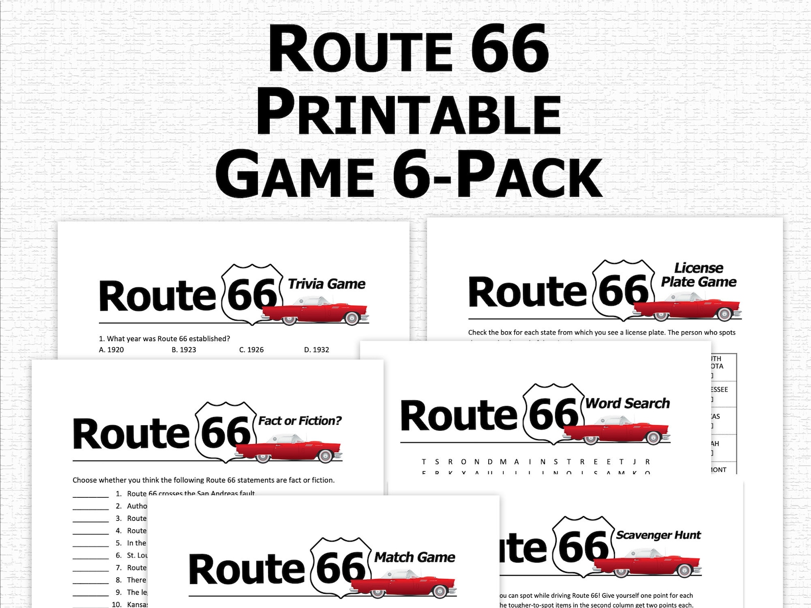 Route 66 Road Trip Game Printable Bundle Vacation Trivia Quiz Word ...