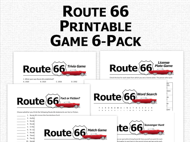 Route 66 Road Trip Game Printable Bundle Vacation Trivia Quiz Word ...