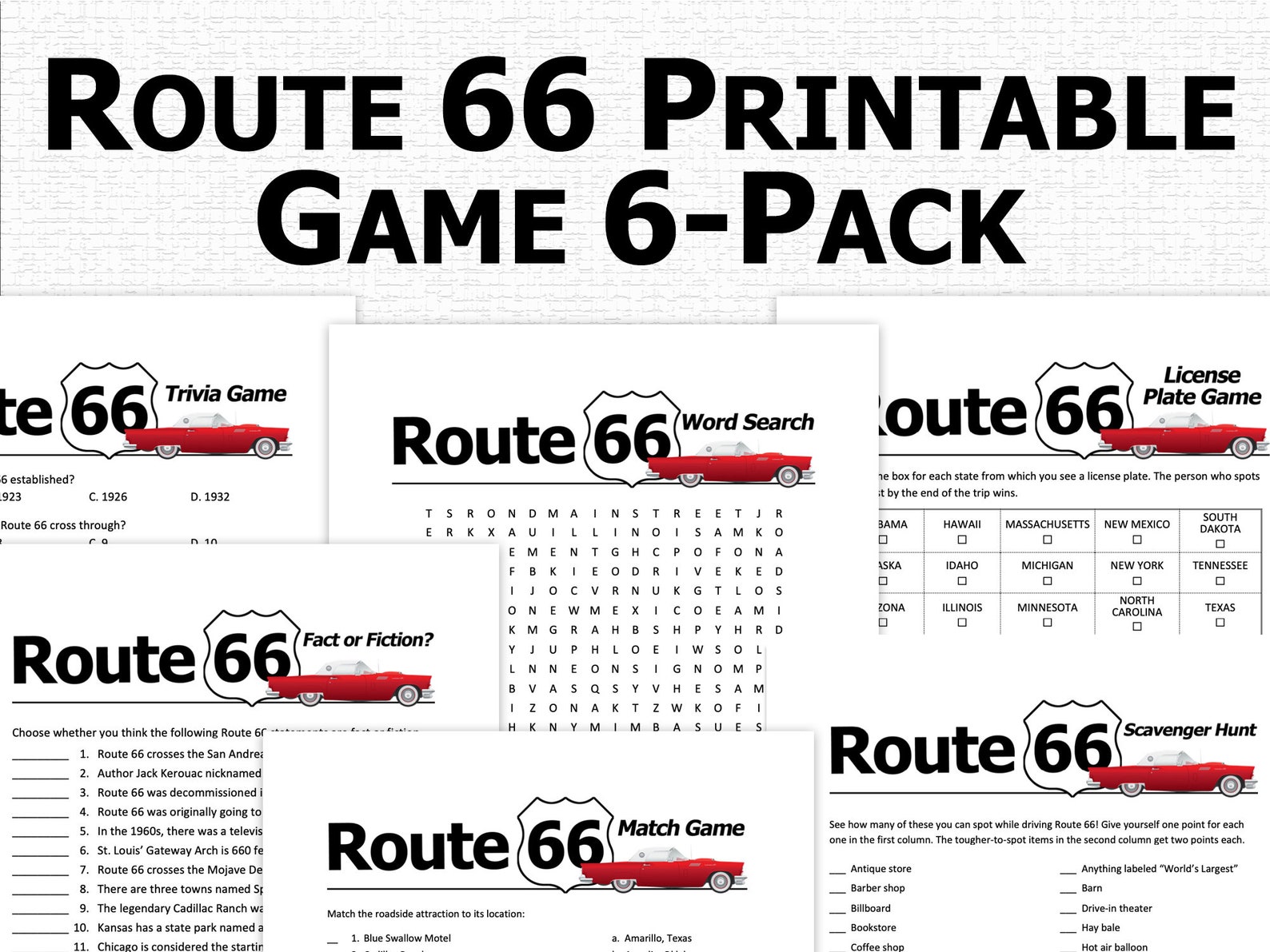Route 66 Road Trip Game Printable Bundle Vacation Trivia Quiz Word ...