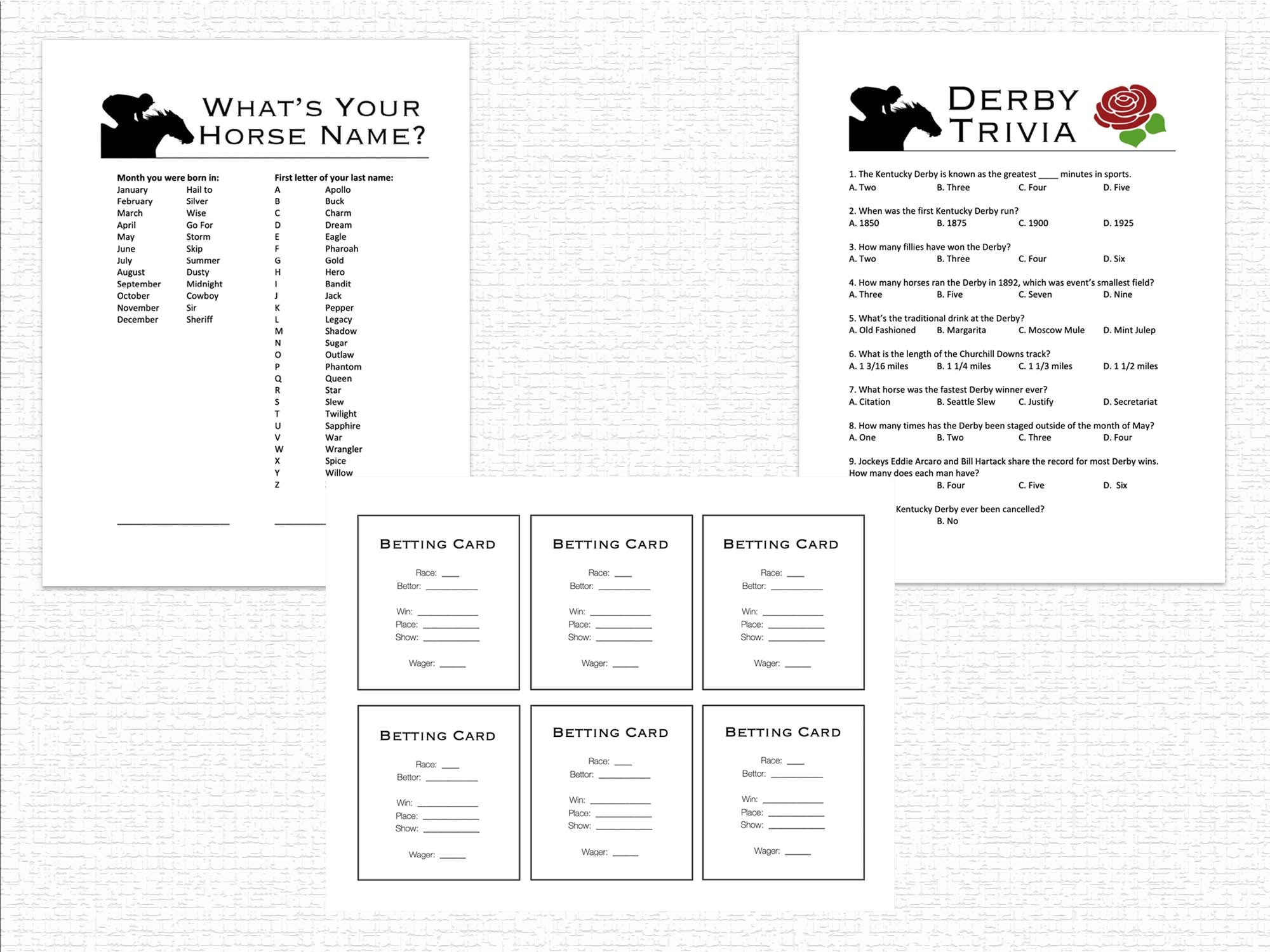 Kentucky Derby Party Games Kit: Trivia, Horse Name, Betting, Signs ...