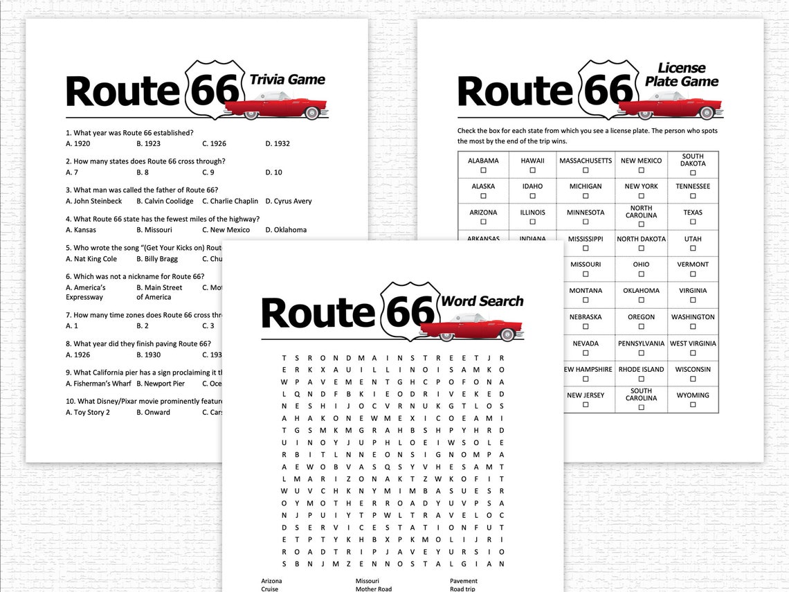 Route 66 Road Trip Game Printable Bundle Vacation Trivia Quiz Word ...