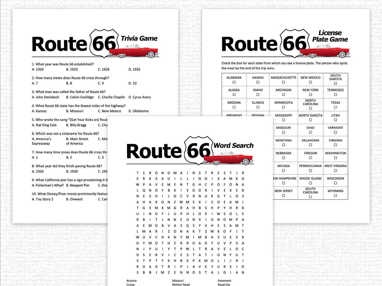 Route 66 Road Trip Game Printable Bundle Vacation Trivia Quiz Word ...