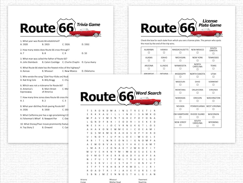 Route 66 Road Trip Game Printable Bundle Vacation Trivia Quiz Word ...