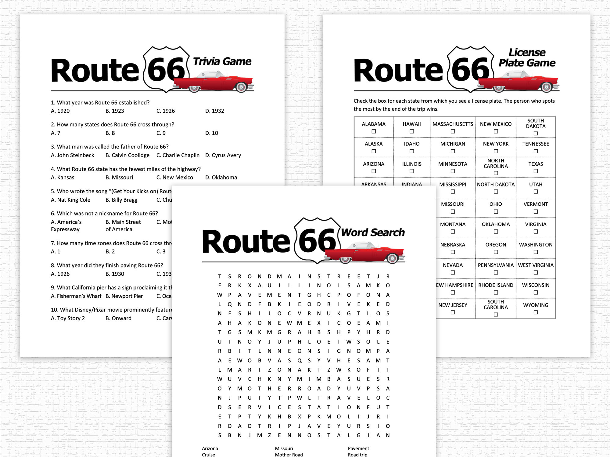 Route 66 Road Trip Game Printable Bundle Vacation Trivia Quiz Word ...