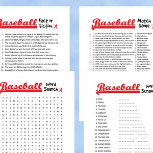 Baseball Party Game Bundle Printable Word Search Scamble Fact or ...
